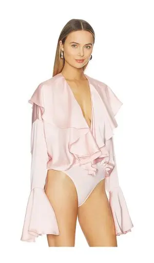 Norma Kamali Long Sleeve Deep V Ruffle Bodysuit - Pink