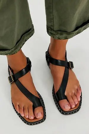 Free People Asymmetric Leather Ankle Strap Sandals - Black