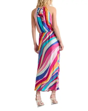 Marella Silk Twill Halterneck Midi Dress With Printed Stripes