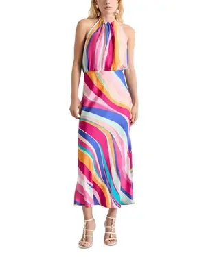 Marella Silk Twill Halterneck Midi Dress With Printed Stripes