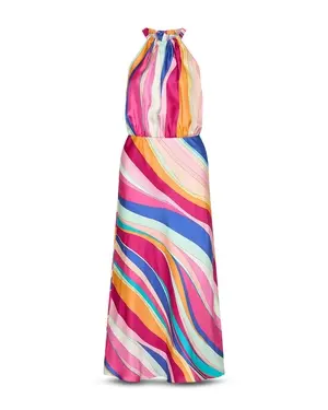 Marella Silk Twill Halterneck Midi Dress With Printed Stripes