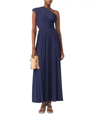Maje Revi Asymmetric Pleated Maxi Dress - Navy