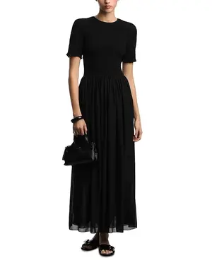 Emporio Armani Smocked Bodice Techno Georgette Midi Dress - Black