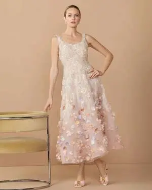 MAC DUGGAL COLLECTION Sleeveless Beaded Midi Dress With 3d Flowers