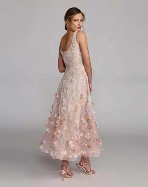 MAC DUGGAL COLLECTION Sleeveless Embellished Midi Dress With 3d Floral Appliques