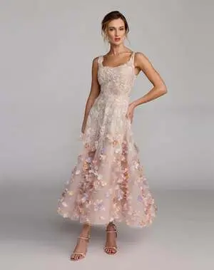 MAC DUGGAL COLLECTION Sleeveless Embellished Midi Dress With 3d Floral Appliques