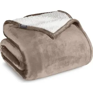 BARE HOME Reversible Plush Fleece Throw Blanket - Taupe