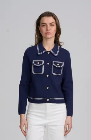 ELLE COLLECTION Fine Gauge Western Cardigan - Navy/white