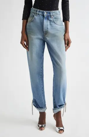 AREA Crystal Knot Straight Leg Jeans - Medium Blue