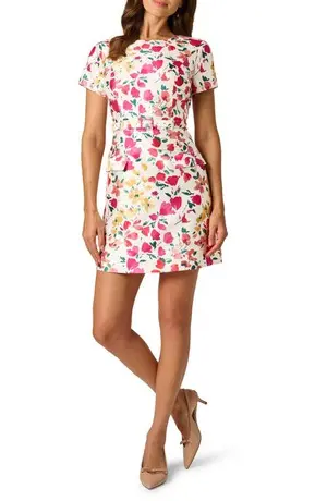 Adrianna Papell Floral Print Belted Mikado Dress - Ivory Multi