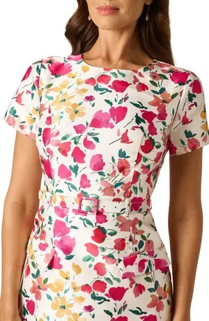 Adrianna Papell Floral Print Belted Mikado Dress