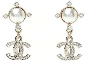 Chanel Crystal Pearl Cc Drop Earrings - Gold