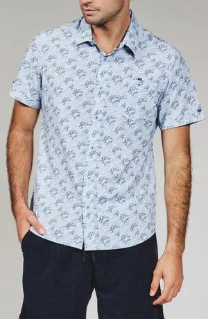 7 Diamonds Rubens Print Short Sleeve Button-up Shirt - Light Blue