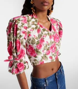 Chloé Floral Cropped Puff-sleeve Cotton Blouse - Pink