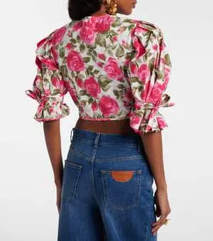 Chloé Floral Cropped Puff-sleeve Cotton Blouse - Pink