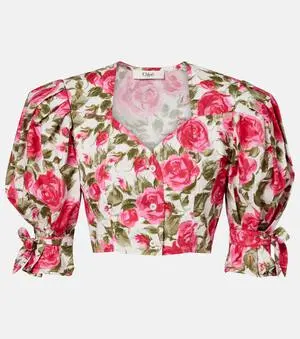 Chloé Floral Cropped Puff-sleeve Cotton Blouse - Pink