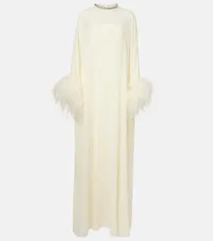 Roland Mouret Feather-trimmed Caped Silk Chiffon Gown - Yellow