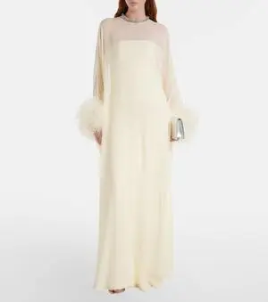 Roland Mouret Feather-trimmed Caped Silk Chiffon Gown