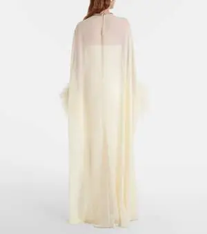 Roland Mouret Feather-trimmed Caped Silk Chiffon Gown