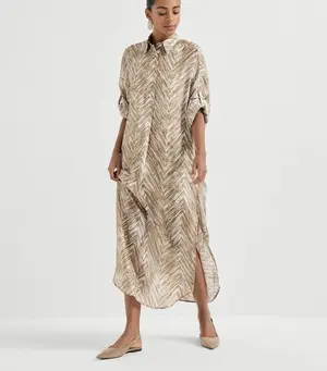 Brunello Cucinelli Silk Chevron Shirt Dress - Beige