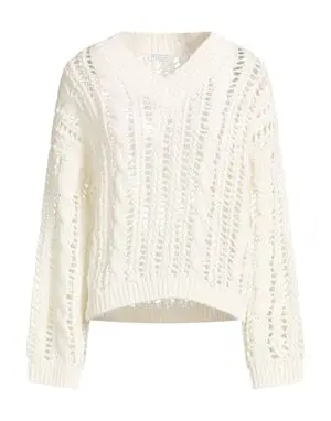Brunello Cucinelli Jute, Cotton, Polyamide Open-knit V-neck Sweater - White