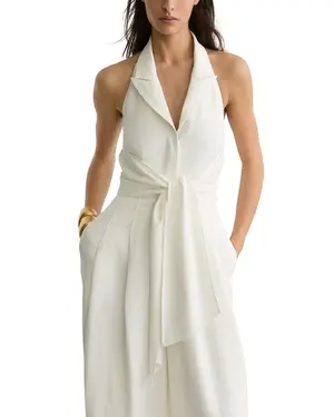 REISS Taya Halter Neck Jumpsuit With Front Tie Detail - Ivory
