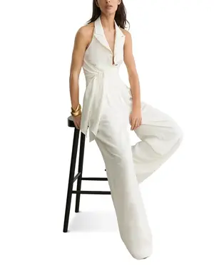 REISS Taya Halter Neck Jumpsuit With Front Tie Detail - Ivory