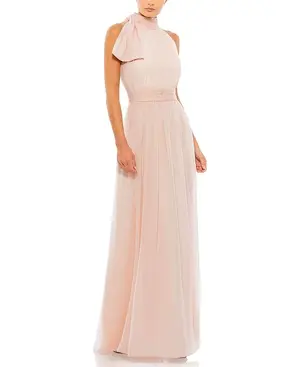 Mac Duggal Petite A-line Chiffon Halterneck Gown With Self-tie Bow - Blush