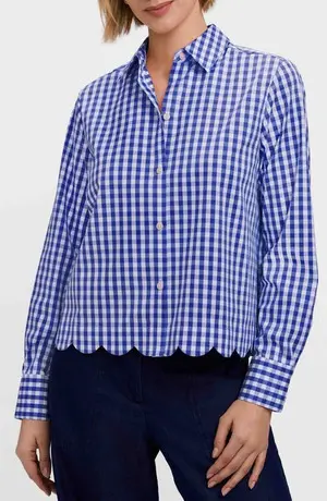 Foxcroft Scarlett Gingham Scallop Hem Button-up Shirt - Blue/white