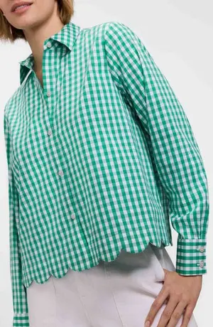 Foxcroft Scarlett Gingham Scallop Hem Button-up Shirt - Green/white