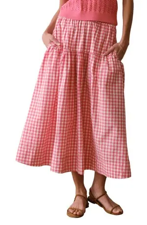 Marine Layer Gia Poplin Tiered Maxi Skirt - Cherry Gingham