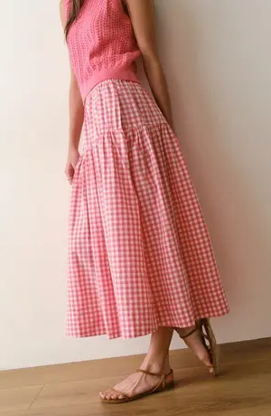 Marine Layer Gia Poplin Tiered Maxi Skirt - Cherry Gingham