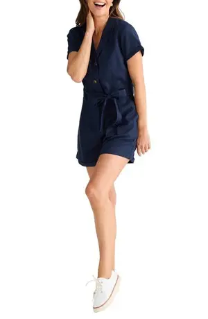 BRAVE+TRUE Sadler Linen Belted Romper - Navy