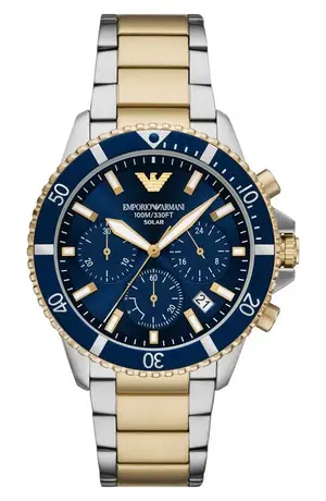 Emporio Armani World Explorer Solar Chronograph Bracelet Watch - Two Tone/blue Dial