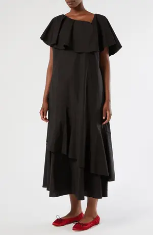 Marina Rinaldi Asymmetric Neck Tiered Cotton Dress