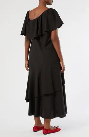 Marina Rinaldi Asymmetric Neck Tiered Cotton Dress