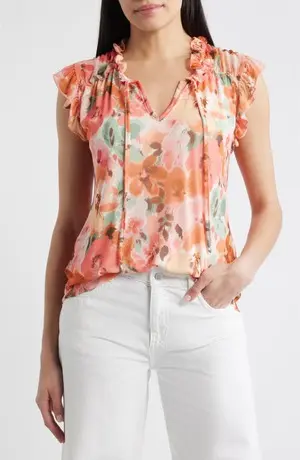 Loveappella Floral Ruffle Trim Split Neck Top - Blush