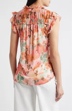 Loveappella Floral Ruffle Trim Split Neck Top - Blush