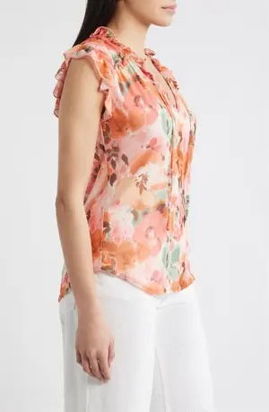 Loveappella Floral Ruffle Trim Split Neck Top - Blush