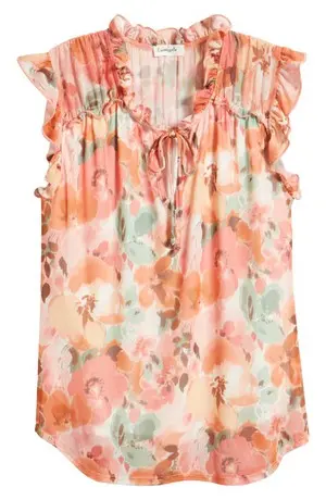 Loveappella Floral Ruffle Trim Split Neck Top - Blush