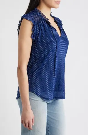 Loveappella Polka Dot Ruffle Trim Split Neck Top - Navy