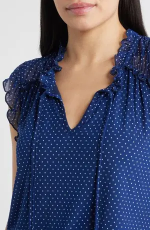 Loveappella Polka Dot Ruffle Trim Split Neck Top - Navy