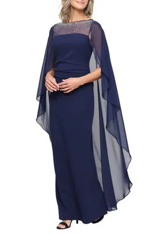 Alex Evenings Stretch Crepe & Chiffon Cape Gown