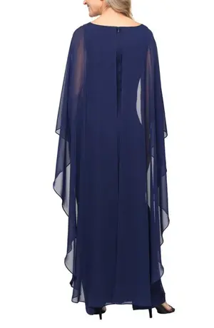 Alex Evenings Stretch Crepe & Chiffon Cape Gown