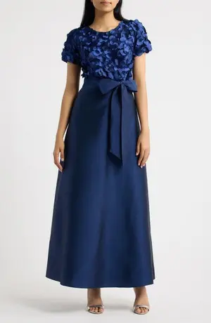 Pisarro Nights 3d Beaded Paillette Bodice Taffeta Gown - Navy