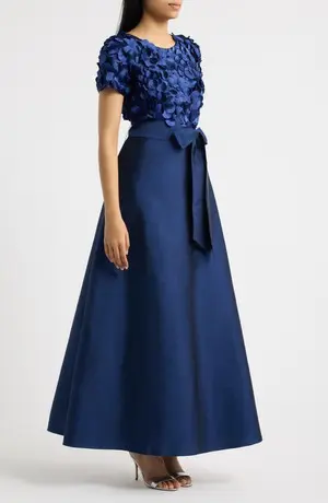 Pisarro Nights 3d Beaded Paillette Bodice Taffeta Gown - Navy