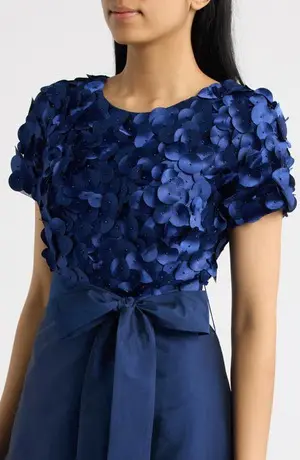 Pisarro Nights 3d Beaded Paillette Bodice Taffeta Gown - Navy
