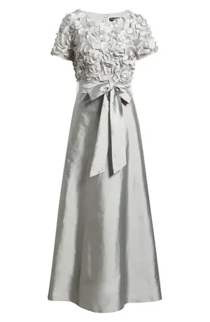 Pisarro Nights 3d Beaded Paillette Bodice Taffeta Gown - Silver