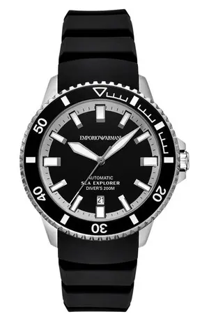 Emporio Armani Sea Explorer Silicone Strap Automatic Diver Watch - Silver
