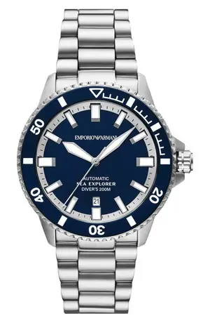 Emporio Armani Sea Explorer Bracelet Strap Automatic Diving Watch - Silver